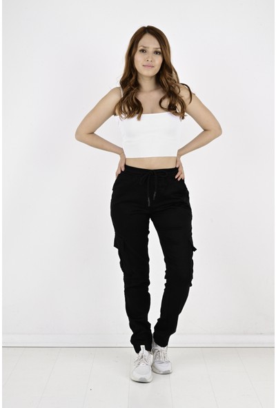 Black Steel Bel ve Paça Lastikli Yanları Kargo Cep Bayan PANTOLON-19000 Black Steel Bel ve Paça Lastikli Yanları Kargo Cep Bayan PANTOLON-19000