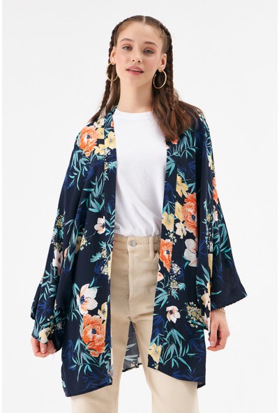 Muni Muni Desenli KIMONO-51410-LACIVERT Yeşil