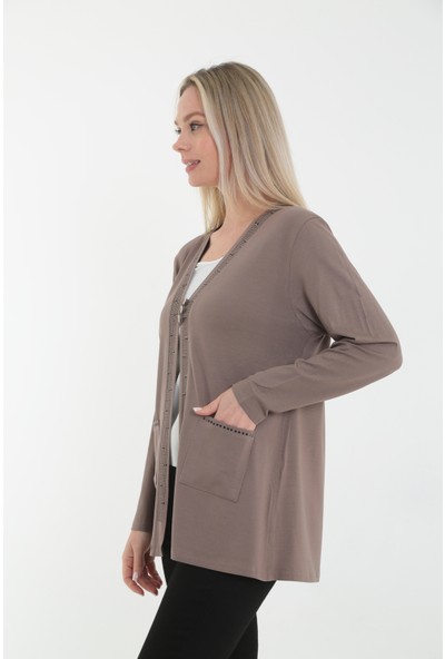 Anne Önü Nakışlı V Yaka Düğmeli Cepli Penye Hırka