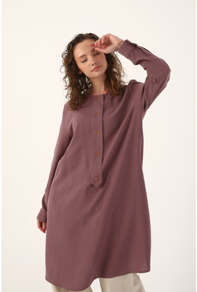 ALLDAY Bisiklet Yaka Yarım Patlı Viskon Keten Tunik