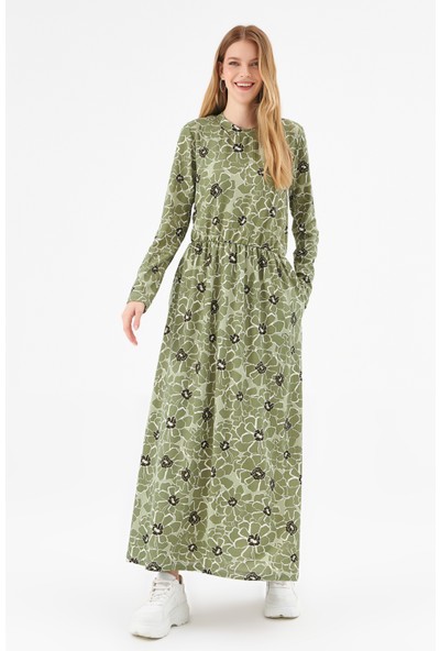 Muni Muni Beli Lastikli Desenli ELBISE-51421-ÇAĞLA Yeşili