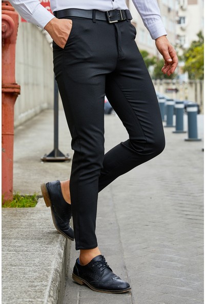 Modamesto Erkek Slim Fit Siyah Keten Pantolon