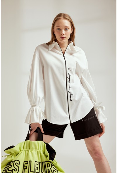 Naar Düz Yaka Fermuarlı Uzun Kollu Ekru Kadın Gömlek 22141306