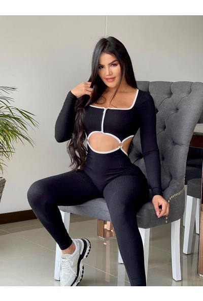 Havens Halka Detay Beyaz Overlok Siyah Tulum Havens Halka Detay Beyaz Overlok Siyah Tulum
