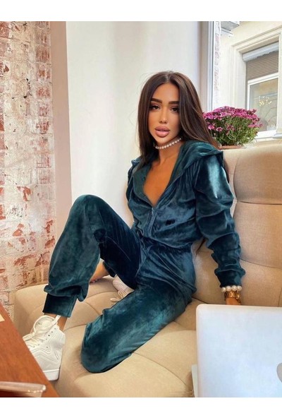 Havens Fermuarlı Yeşil Kadife Tulum