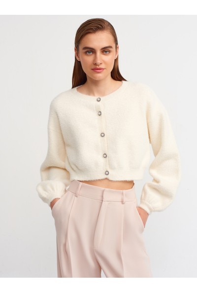 Dilvin 2729 Bisiklet Yaka Balon Kol Triko Hırka-Krem