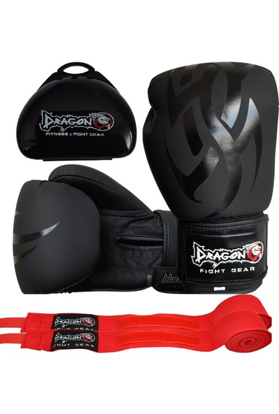 Dragon Black Mamba Siyah Boks Eldiveni 3'lü Set (Kırmızı Bandaj ve Şeffaf Dişlik)