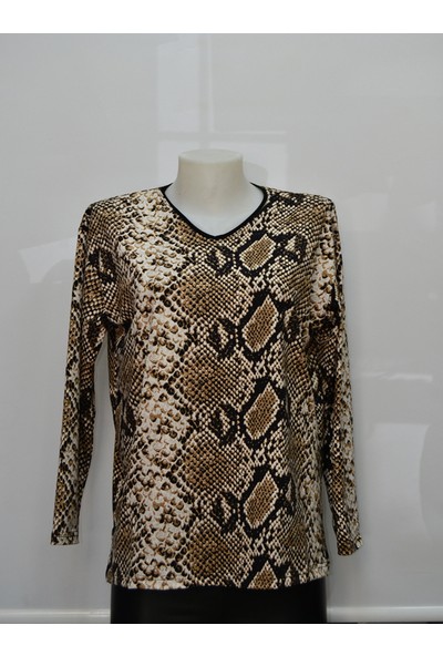 Fettah 5184 Leopar Desenli Kadın Penye Uzunkol Bluz Emprime Kumaş