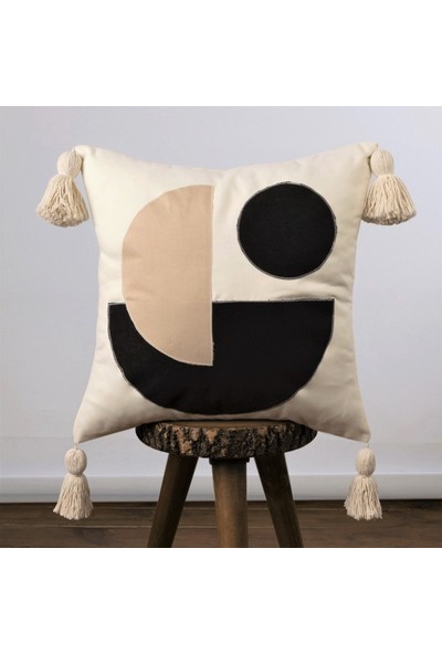 Homy Life Dekoratif Bohem Tarzı Aplike Nakışlı ve Püsküllü Boho Kırlent Yastık Kılıfı, Trio Geometrik Kırlent Kılıfı