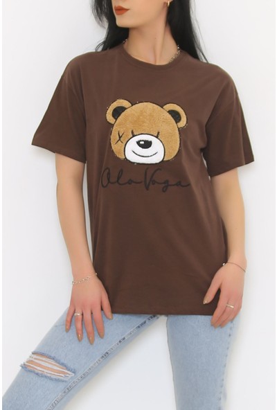 Rouva Ayıcık Işlemeli Tişört Kahve - 2227.336. Rouva Ayıcık Işlemeli Tişört Kahve - 2227.336.