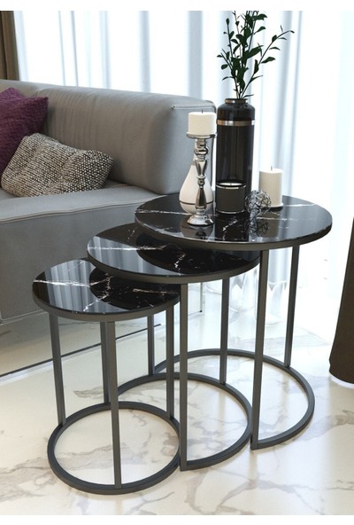 Dora Metal Siyah Mermer Desen Metal Zigon Sehpa