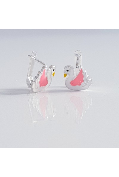 Pembe ve Beyaz Renk Mineli Kuğu Model Gümüş Çocuk Küpesi