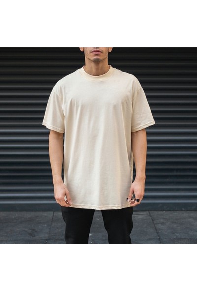 Don Moris Oversize Basic Yaka Bej Erkek T-Shirt
