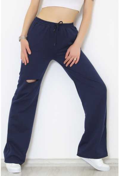 Tek Diz Yırtıklı Eşofman Altı Lacivert - 9491.1348.