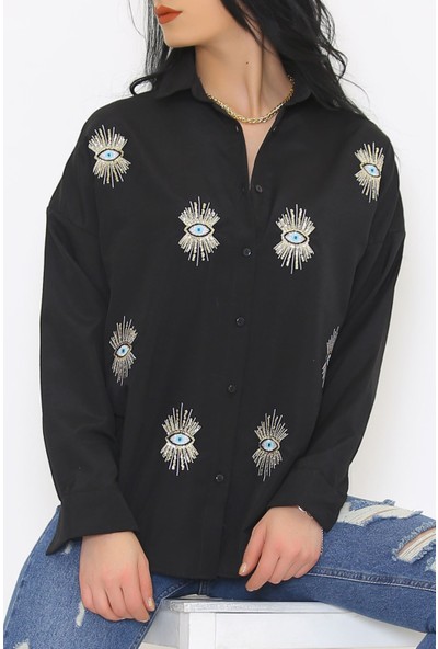 Pullu Nakışlı Gömlek Siyah - 9443.365. Pullu Nakışlı Gömlek Siyah - 9443.365.