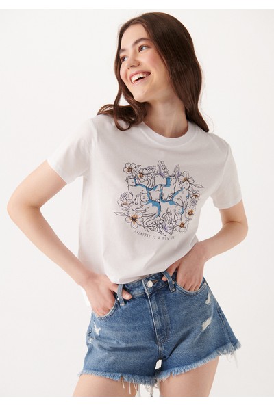 Kedi Basılı Beyaz Tişört