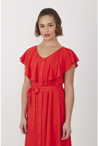 Fithit kadın V Yaka Viskon Kırmızı Elbise
