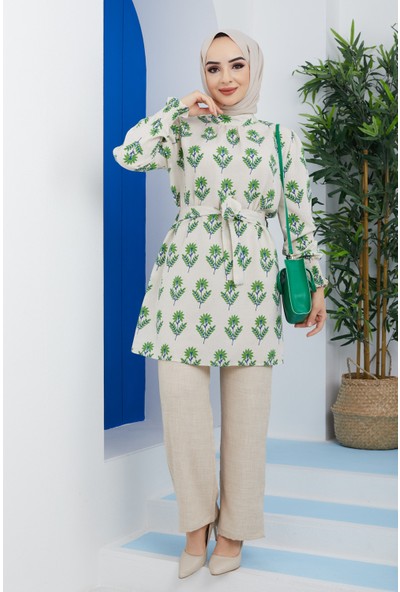 İmaj Butik Desenli Keten Tesettür Takım/yeşil