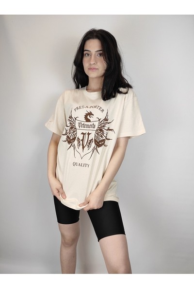 Eylül Moda Kadın T-Shirt Ön Arka Vetements Yazı Ejderya Baskı T-Shirt