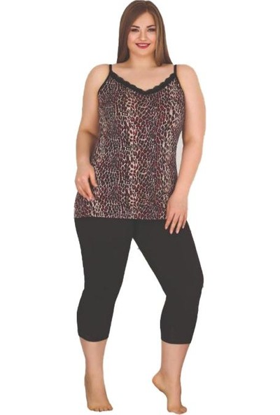 Parla Kadın Büyük Beden Leopar Desenli Askılı Kapri Pijama Takımı PS406