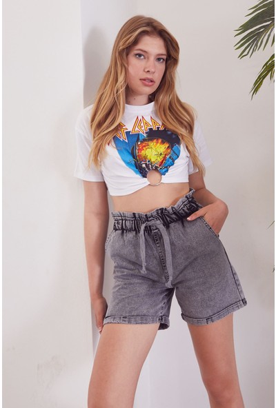 BY H Beli Lastikli Jean Şort-Antrasit