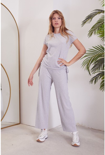 Lime Moda Fitilli Büzgülü Takım-Gri Lime Moda Fitilli Büzgülü Takım-Gri