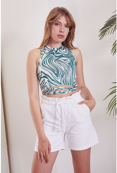 Sıfır Kol Bel Bağlamalı Bluz-Yeşil