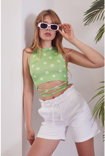 Sıfır Kol Bel Bağlamalı Bluz-Açık Yeşil
