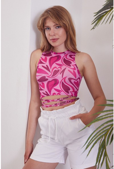 Sıfır Kol Bel Bağlamalı Bluz-Pembe