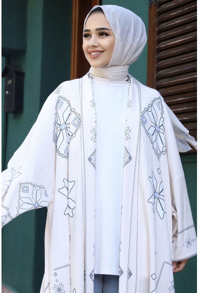İkoll Etnik Desenli Bordürlü Kimono-Taş