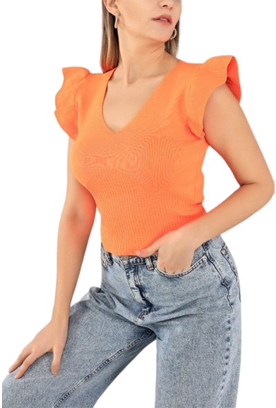Gigi Giyim Turuncu Kolları Fırfırlı Triko Bluz Gigi Giyim Turuncu Kolları Fırfırlı Triko Bluz