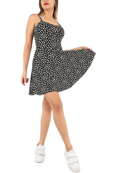 Gigi Giyim Çiçek Desenli Askılı Kadın Elbise Siyah