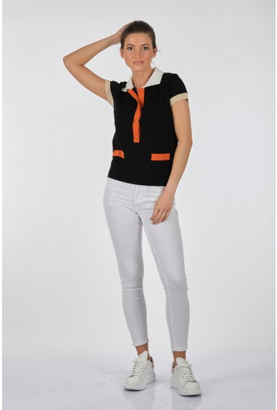 Lal Gömlek Yaka Düğmeli Düğmeli Kısa Kollu Siyah Kadın Bluz 22150017