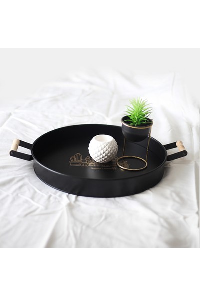 Viola Galvaniz Siyah Ahşap Kulplu Yuvarlak Tepsi 37 cm