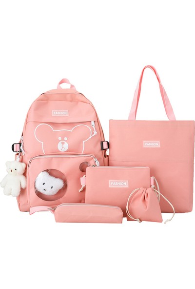 Fashion Ilkokul Öğrencilerinin Okul Çantası 5 Parça Set Kadınlar Sırt Çantası Büyük Kapasiteli Seyahat Sırt Çantası(Aksesuarlar Dahil) (Yurt Dışından)