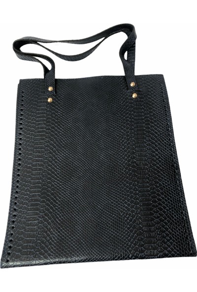 Deri Çanta Seti Desenli Siyah