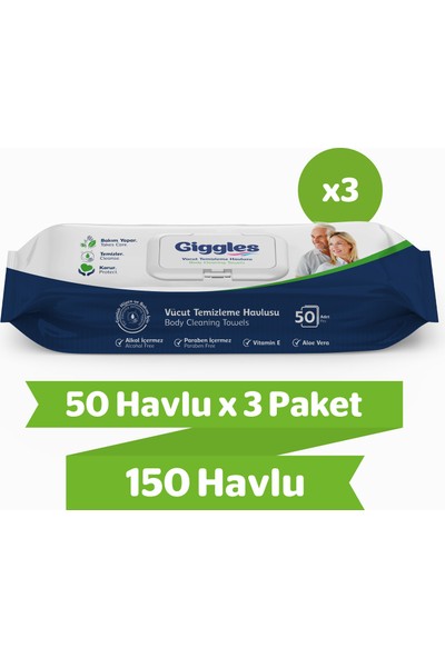 Giggles Vücut Temizleme Havlusu 50'li 3 Paket 150 Havlu Giggles Vücut Temizleme Havlusu 50'li 3 Paket 150 Havlu