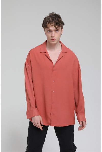 R-3575 Apaş Yaka Uzun Kollu Aerobin Kumaş Oversize Gömlek