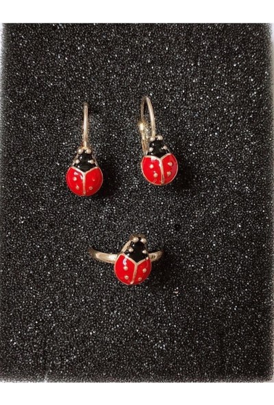 By Gökçe Uğur Böceği Çocuk Küpe ve Yüzük Set