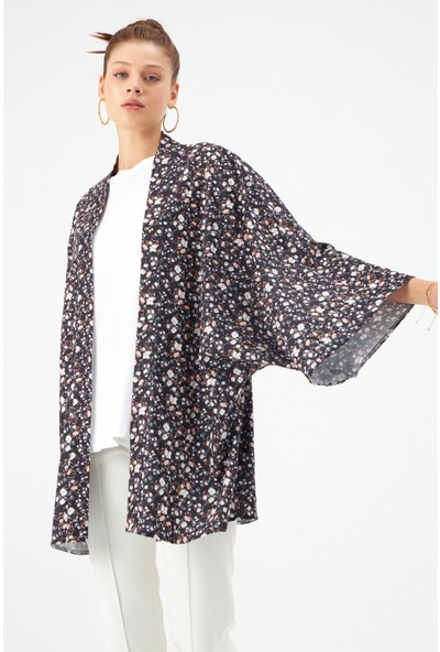 Muni Muni Baskılı Rahat Kesim KIMONO-50464-SIYAH
