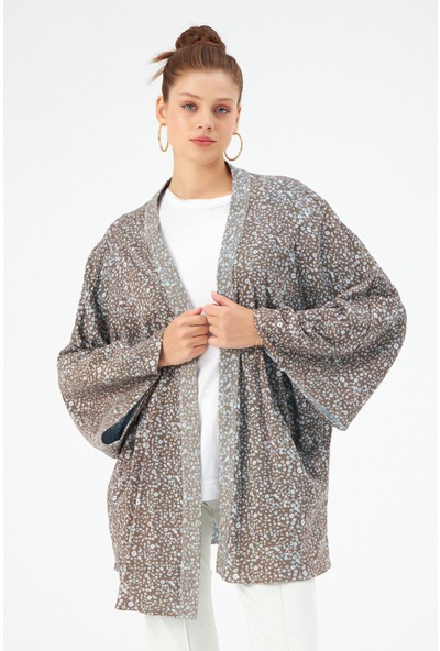 Muni Muni Baskılı Rahat Kesim KIMONO-50464-KAHVERENGI