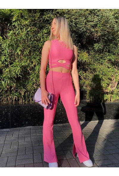 Pembe Ispanyol Paça Yırtmaçlı Toparlayıcı Tayt