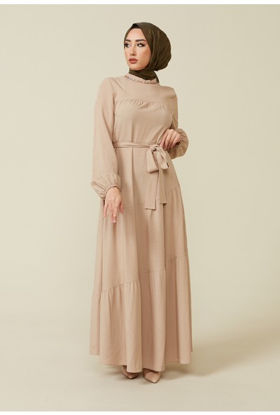 SETRMS Bej Kolu Büzgü Detaylı Elbise 2225003
