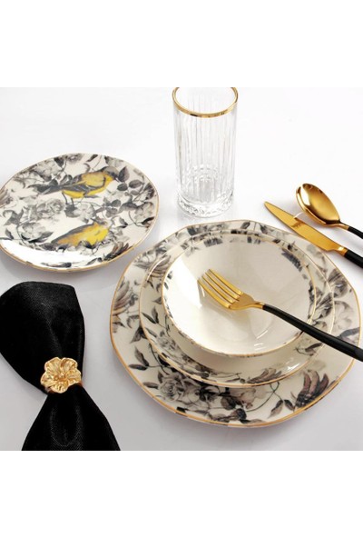 Homenıva Yellow Bird Porselen 24 Parça 6 Kişilik Yemek Takımı