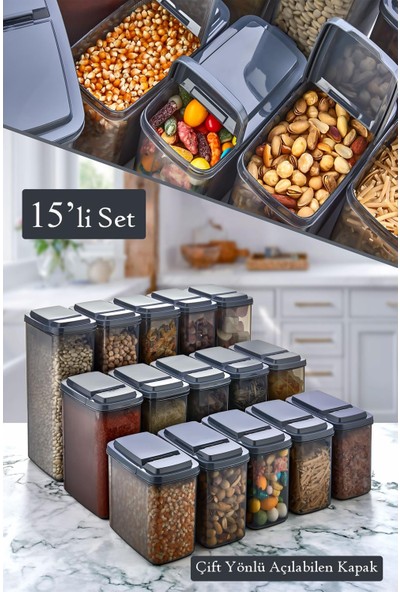 Homenıva 15'li Set Çift Kapaklı Ölçülü Erzak Kabı - Bakliyat Saklama Kabı - (5X1200 Ml, 5X1700 Ml, 5X2400 Ml) Homenıva 15'li Set Çift Kapaklı Ölçülü Erzak Kabı - Bakliyat Saklama Kabı - (5X1200 Ml, 5X1700 Ml, 5X2400 Ml)