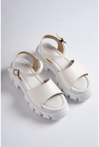Pembe Avm Bayan Beyaz Yüksek Taban Bilekten Bağlama Sandalet