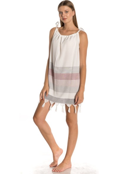 Ephemeris Pamuk - Viskon Peştamal Büzgülü Plaj Elbisesi Ipliği Boyalı Çizgi Bordo