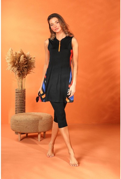 Marina Siyah Kadın Desen Detaylı Tasarım Yarı Kapalı Mayo M2215