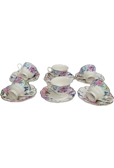 Es Dekor Porselen Kelebekli Zambaklı 6'lı Kahve Takımı