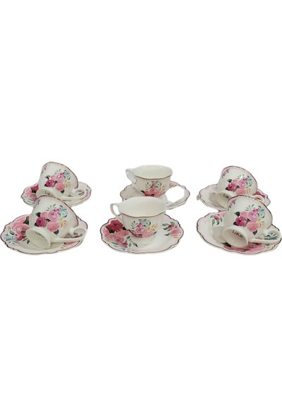 Es Dekor Pembe Güllü Porselen 6'lı Kahve Takımı